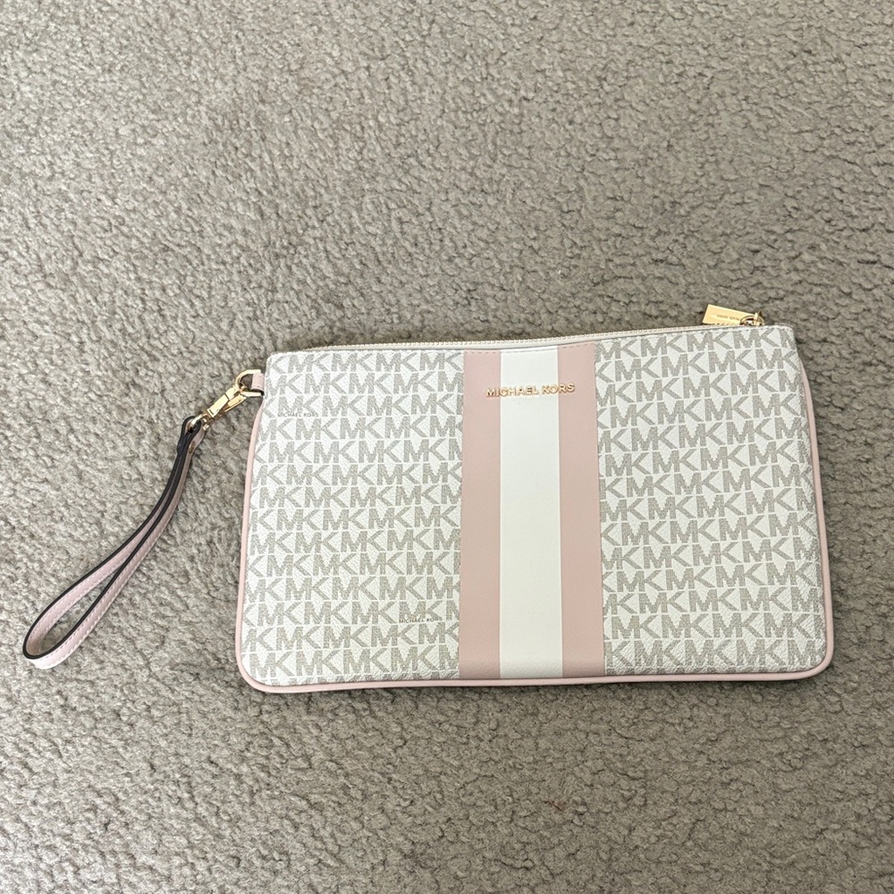 Large Michael Kors Pink And Cream Logo Wristlet - Gem